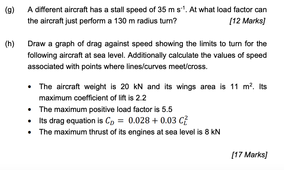 Solved (g) A different aircraft has a stall speed of 35 m | Chegg.com