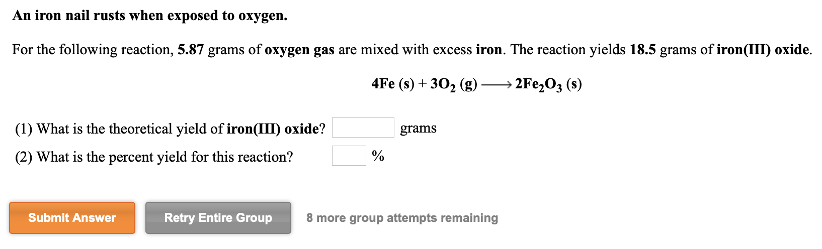 Solved An iron nail rusts when exposed to oxygen. For the | Chegg.com