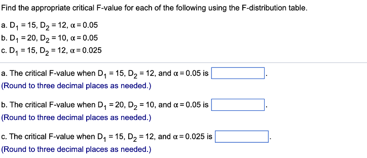 Solved Find the appropriate critical F-value for each of the | Chegg.com