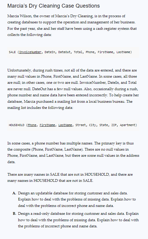 Solved Marcia's Dry Cleaning Case Questions Marcia Wilson, | Chegg.com