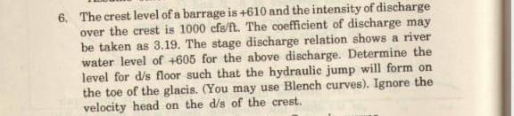 Solved 6. The crest level of a barrage is +610 and the | Chegg.com