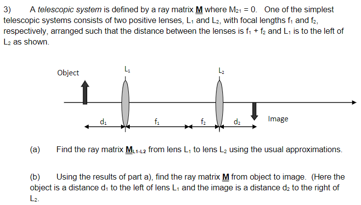 Solved 3) A telescopic system is defined by a ray matrix M | Chegg.com