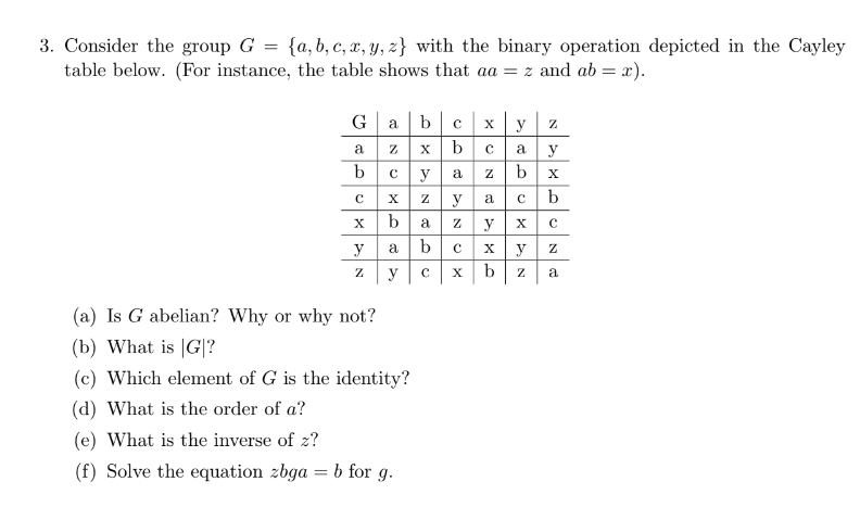 Solved 3. Consider the group G={a,b,c,x,y,z} with the binary | Chegg.com