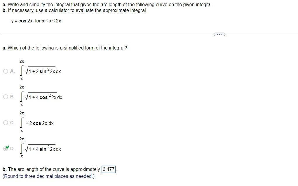 Solved a. Write and simplify the integral that gives the arc | Chegg.com