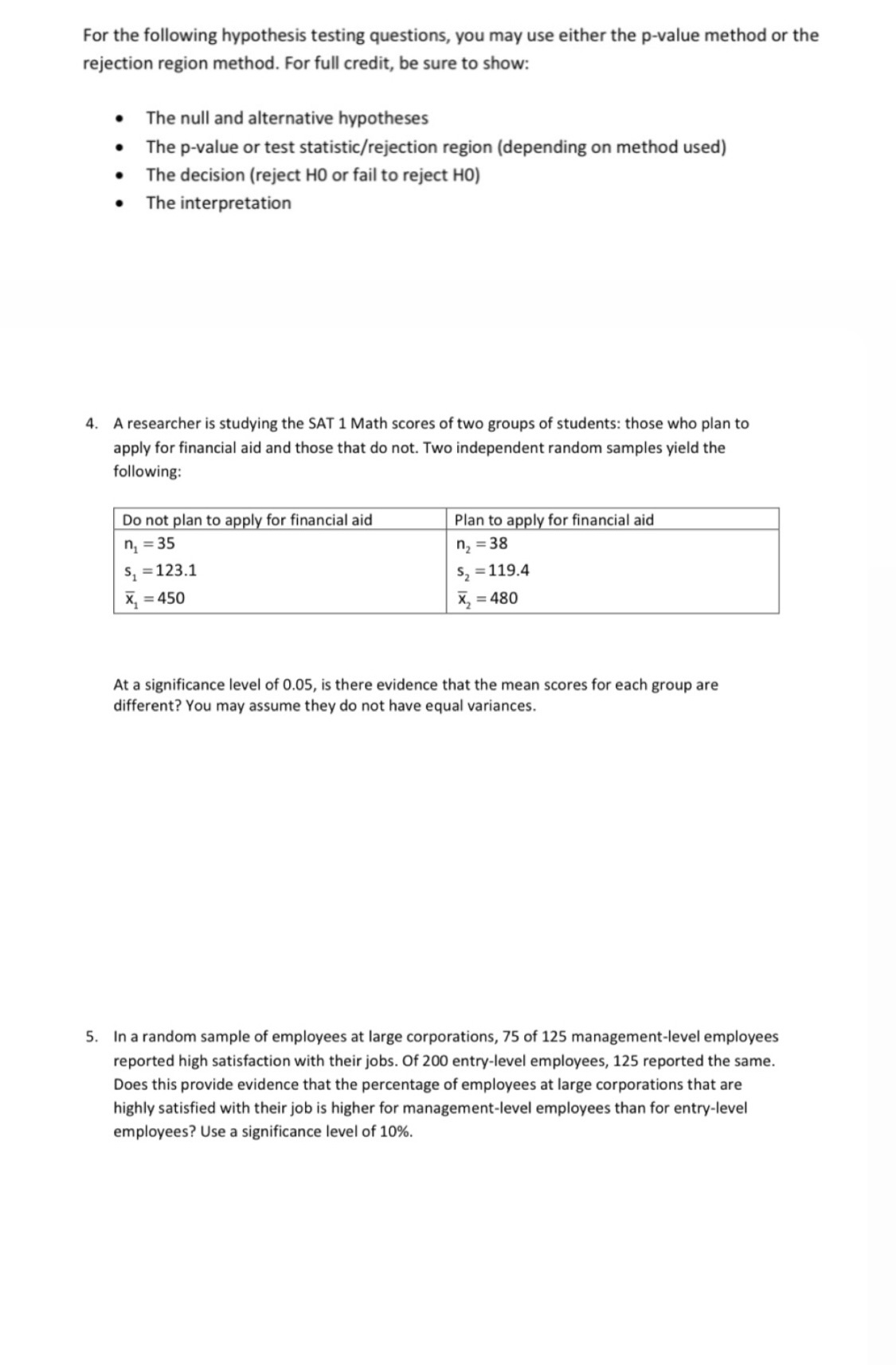 Solved For the following hypothesis testing questions, you | Chegg.com