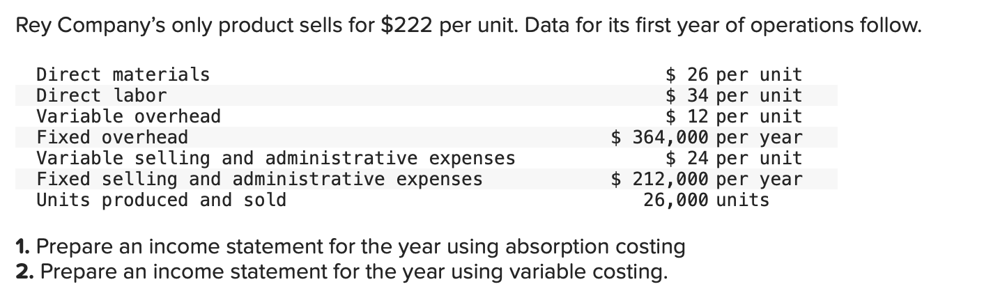 Solved Rey Company's only product sells for $222 per unit. | Chegg.com Solved Rey Company's only product sells for $222 per unit. | Chegg.com