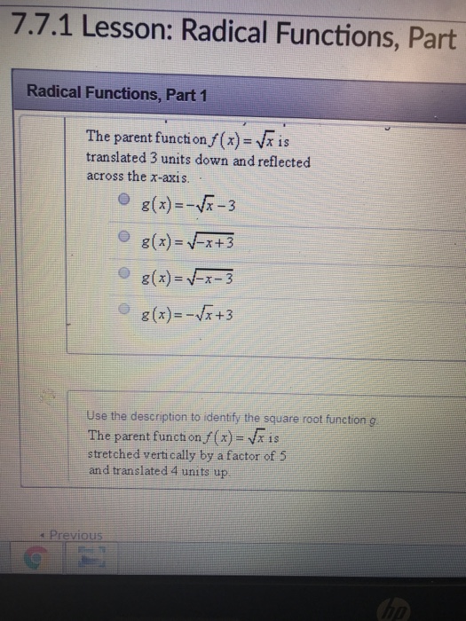 Solved the parent function of fx)=square root x is | Chegg.com