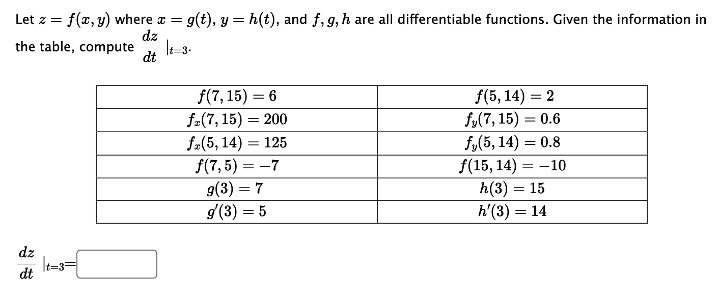 Solved Let z=f(x,y) ﻿where x=g(t),y=h(t), ﻿and f,g,h ﻿are | Chegg.com