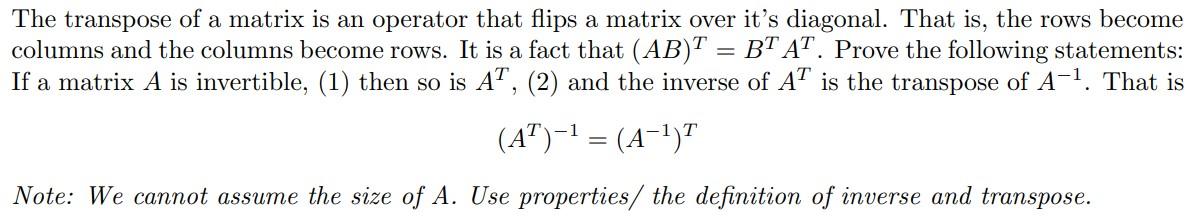 Solved The transpose of a matrix is an operator that flips a | Chegg.com