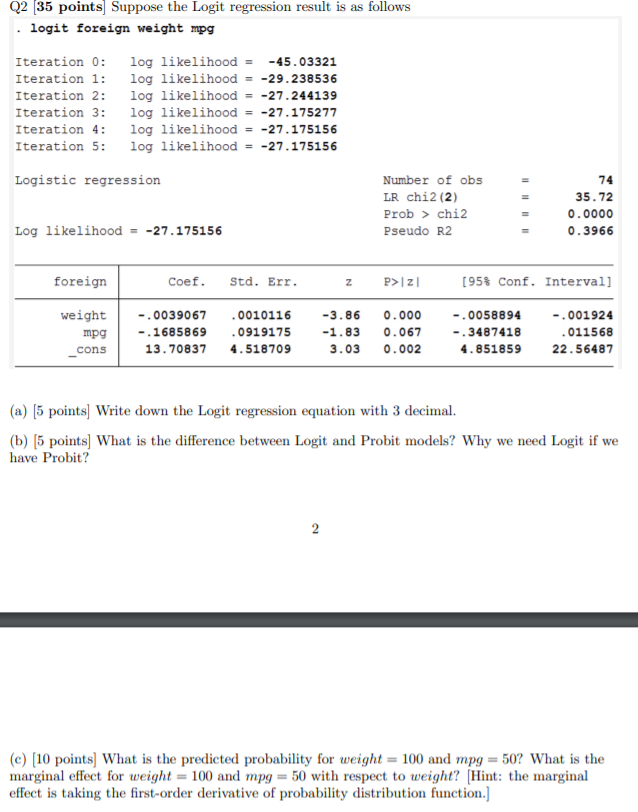 Solved Q2 35 points Suppose the Logit regression result is | Chegg.com