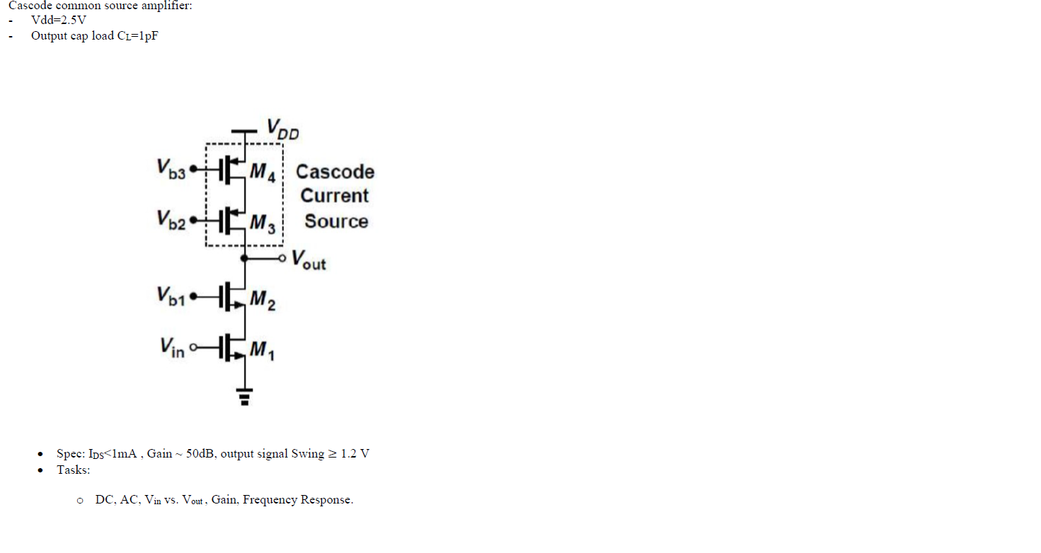 Solved Cascode common source amplifier: Vdd=2.5V Output cap | Chegg.com