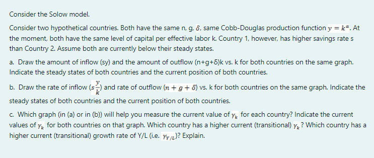 Solved a Consider the Solow model. Consider two hypothetical | Chegg.com