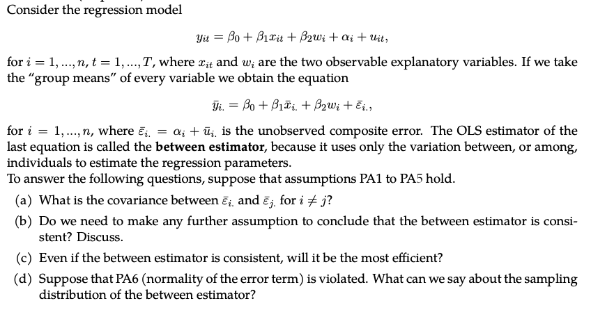 Consider the regression model Yit = Bo + BiIit + B2wi | Chegg.com