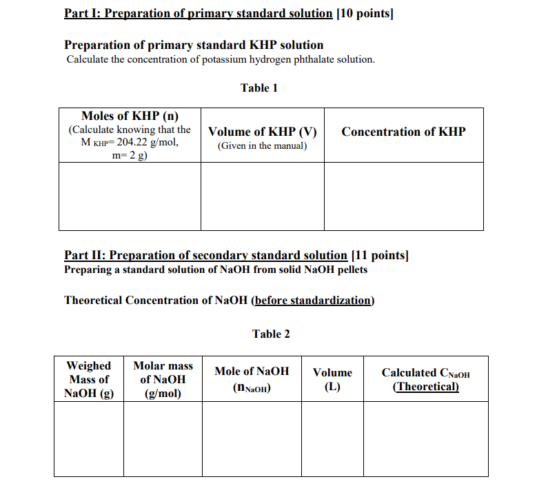 Solved Part I: Preparation of primary standard solution [10 | Chegg.com