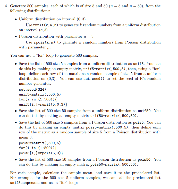Solved n 4. Generate 500 samples, each of which is of size 5 | Chegg.com