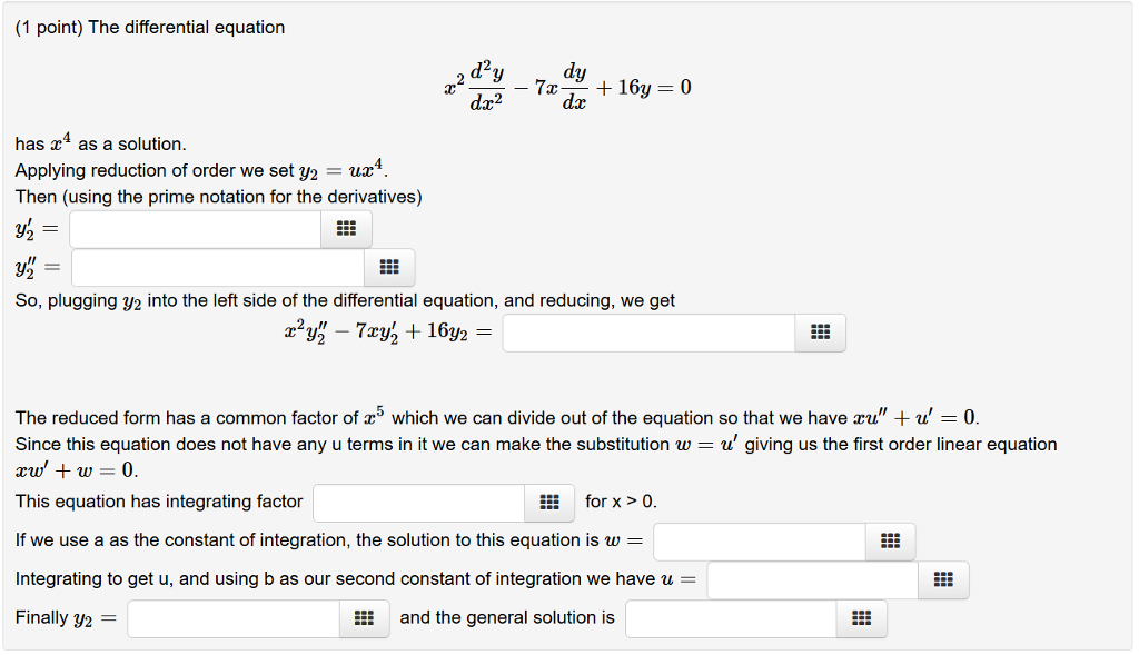 Solved (1 point) The differential equation d2 dx2 dy dx has | Chegg.com