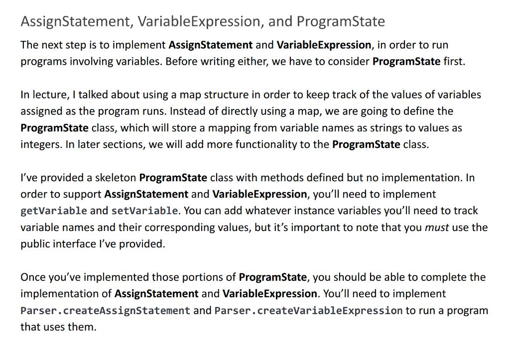 Solved I need help implementing AssignStatment, Variable | Chegg.com