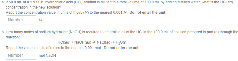 Solved a. ﻿If 50.0mL ﻿of a 1.933M ﻿hydrochloric acid (HCl) | Chegg.com