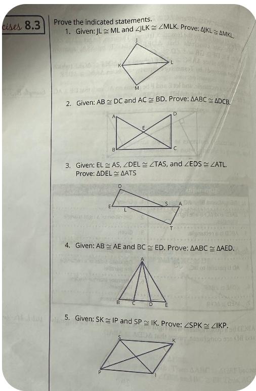 Solved Prove the indicated statements. 1. Given: JL≅ML and | Chegg.com