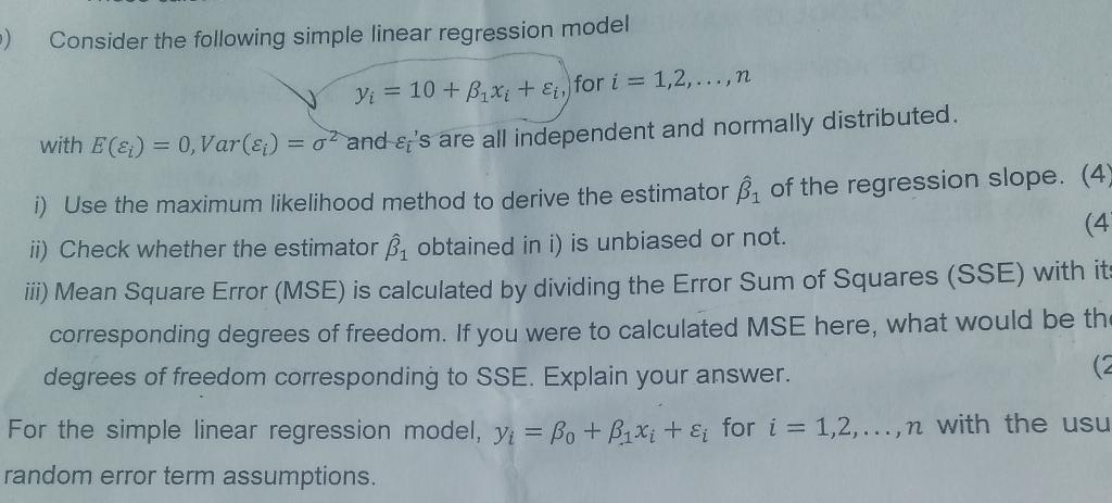 Solved -) Consider the following simple linear regression | Chegg.com