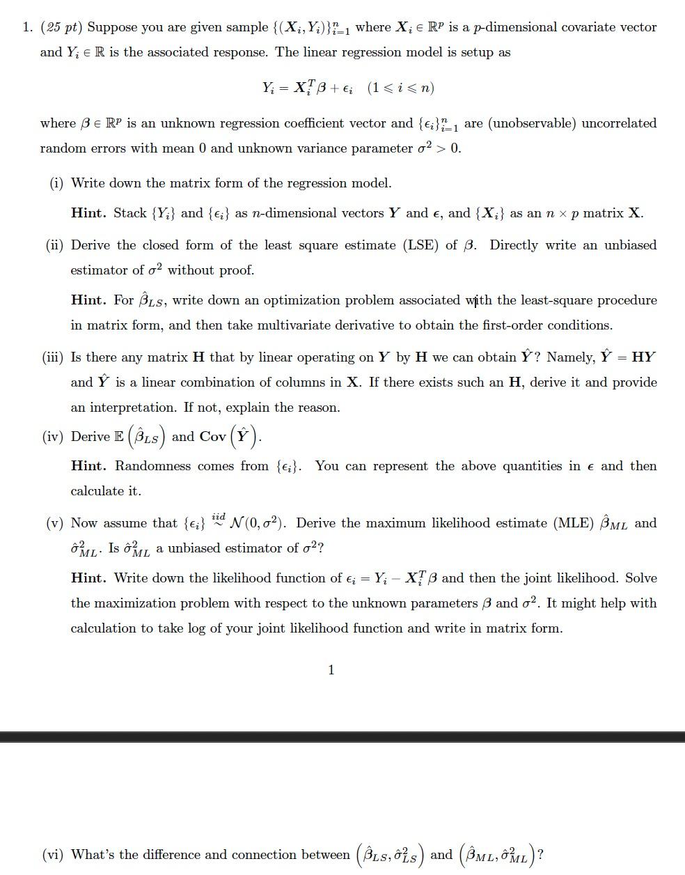 1. (25 pt) Suppose you are given sample {(Xi,Yi)}i=1n | Chegg.com