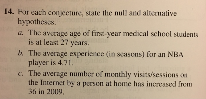 Solved 14. For each conjecture, state the null and | Chegg.com