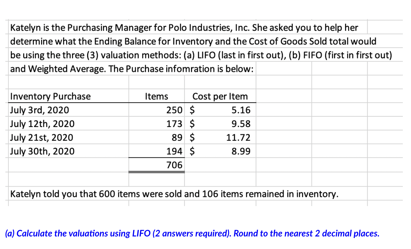 Solved (a) Calculate the valuations using LIFO (2 answers | Chegg.com