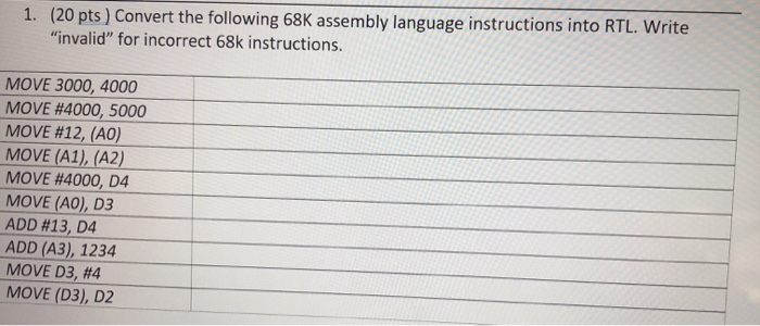 Solved 1. (20 pts ) Convert the following 68K assembly | Chegg.com