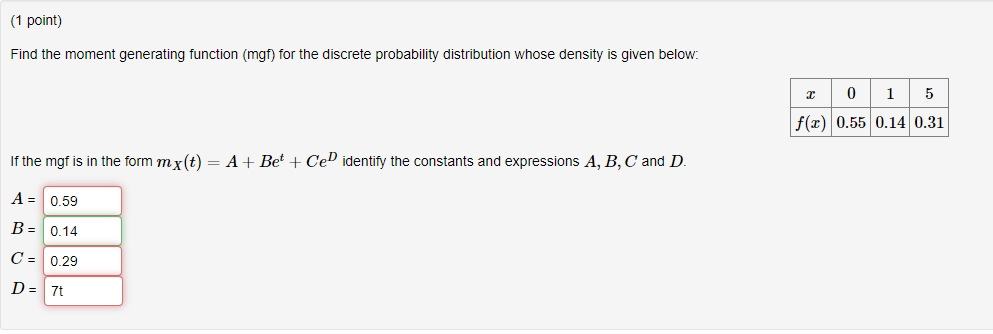 Solved (1 point) Find the moment generating function (mgf) | Chegg.com
