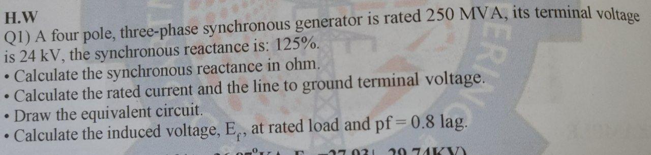 Solved H.W QI) A four pole, three-phase synchronous | Chegg.com