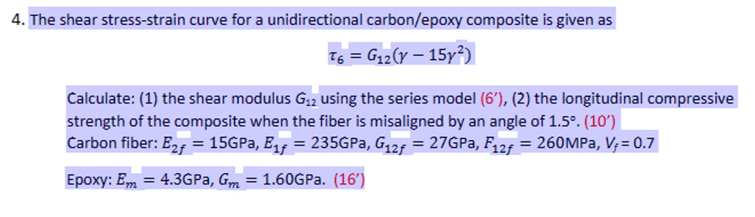 Solved The shear stress-strain curve for a unidirectional | Chegg.com
