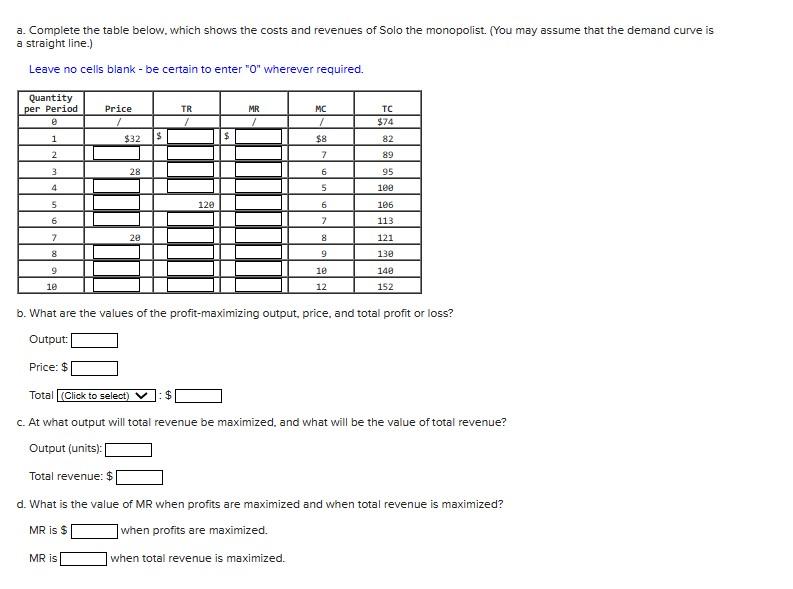 [Solved]: a. Complete the table below, which shows the cos