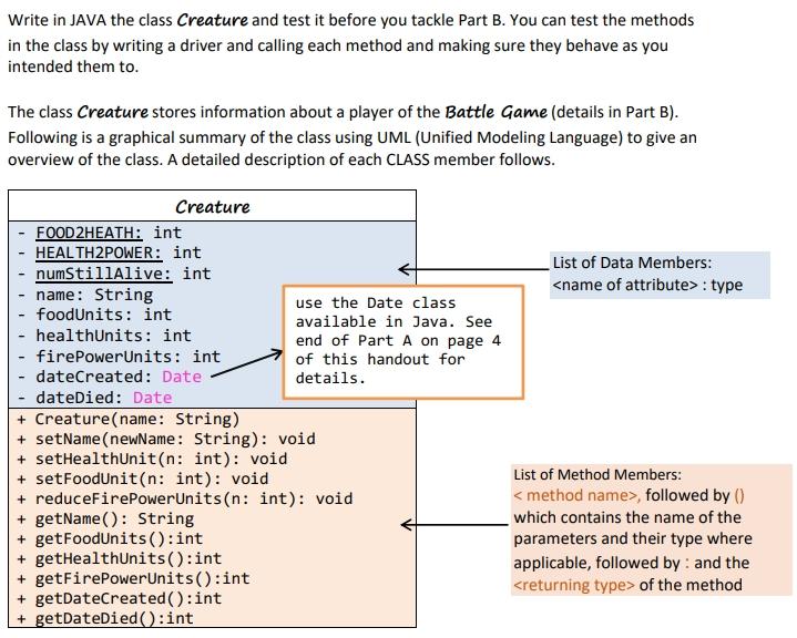 Solved Write in JAVA the class Creature and test it before | Chegg.com