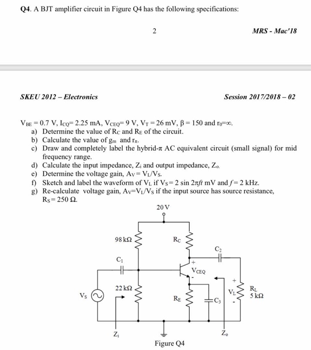 Solved Q4. A BJT amplifier circuit in Figure Q4 has the | Chegg.com