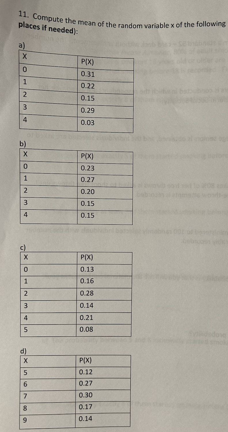 Solved 11. Compute the mean of the random variable x of the | Chegg.com