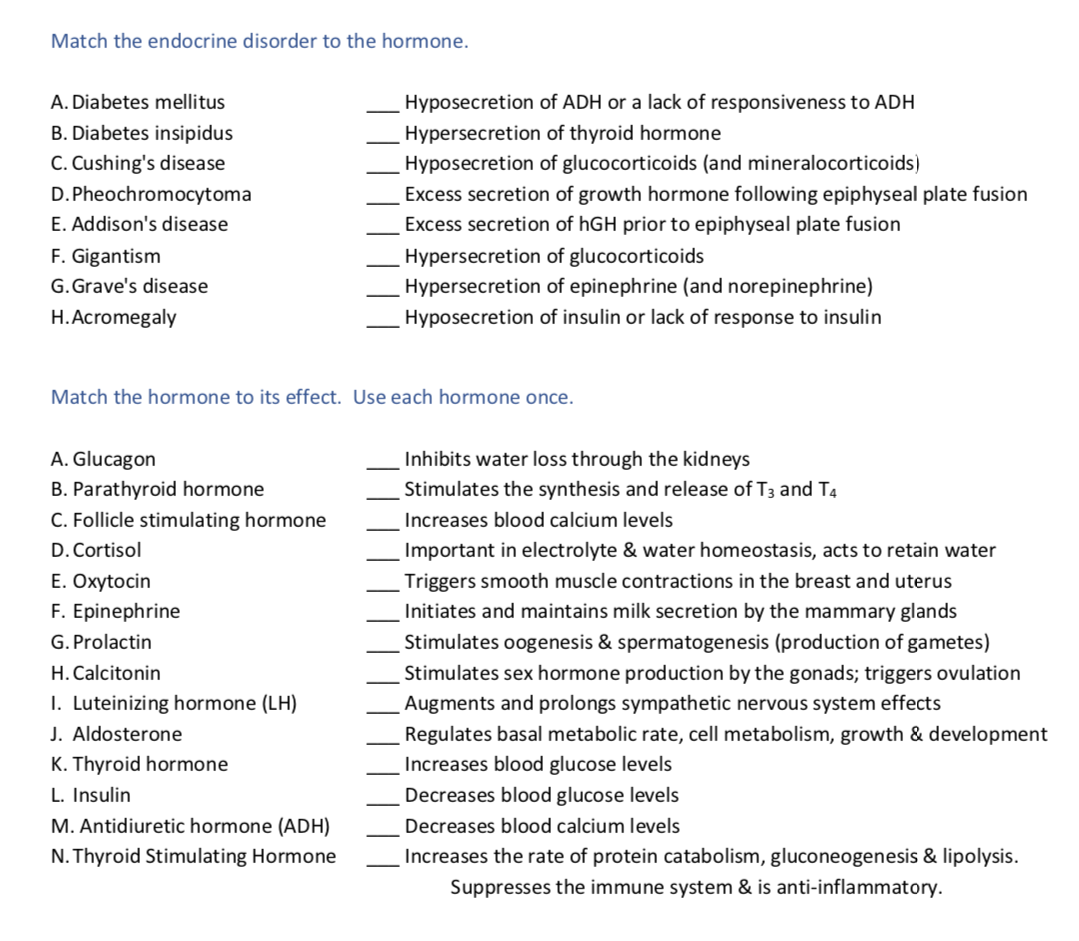 Solved Match the endocrine disorder to the hormone. A. | Chegg.com