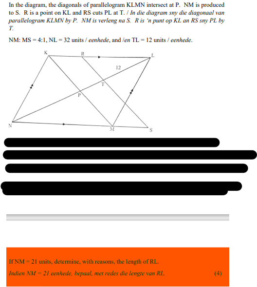 Solved In the diagram, the diagonals of parallelogram KLMN | Chegg.com