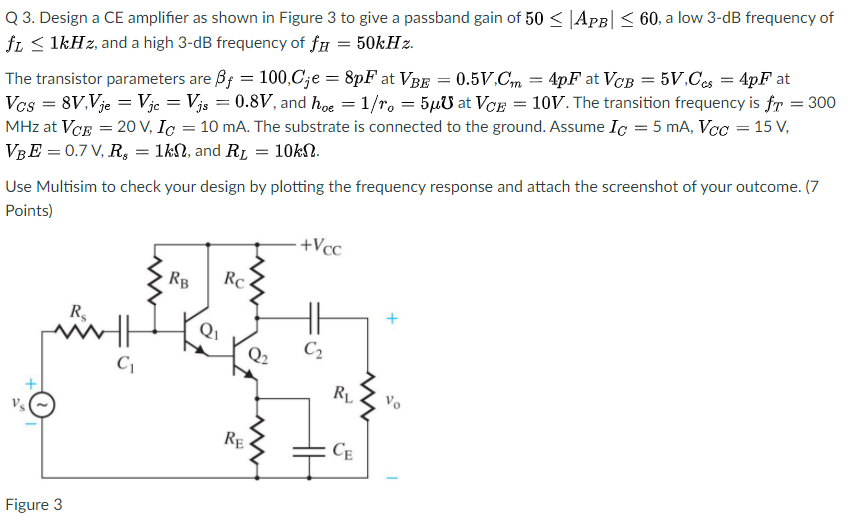 Solved Q3. Design a CE amplifier as shown in Figure 3 to | Chegg.com