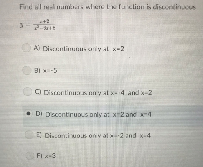 Solved Find all points where the function is discontinuous. | Chegg.com