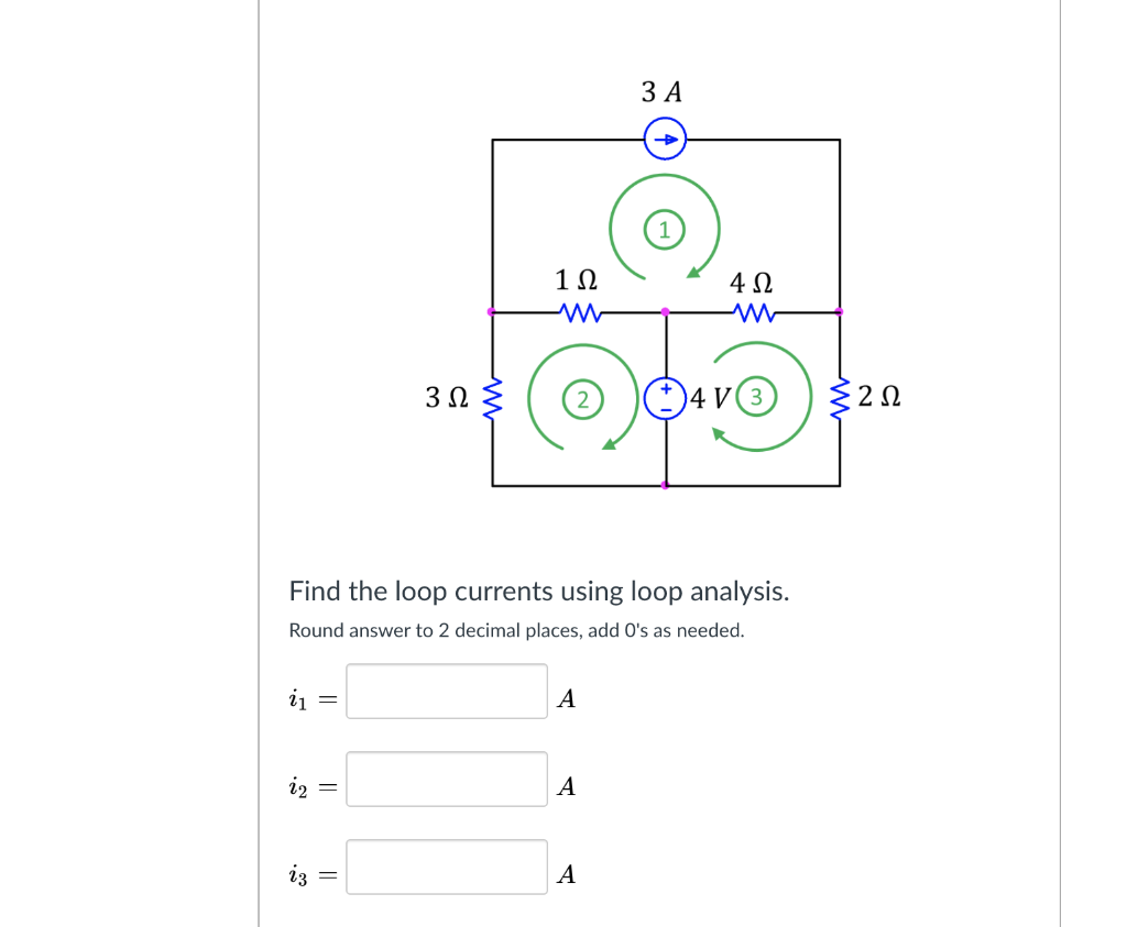 Solved 3Α 1 Ω 4 Ω 3 Ω 4V ξ2 Ω Find the loop currents using | Chegg.com