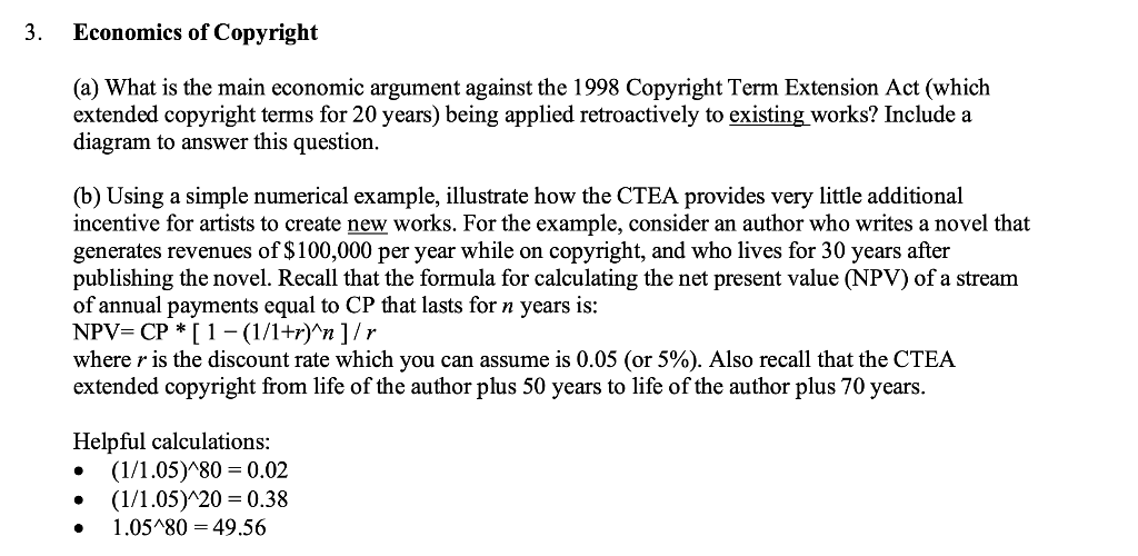 Solved 3. Economics of Copyright (a) What is the main | Chegg.com