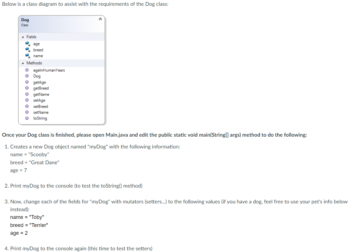 Solved Implement a class named Dog that contains information | Chegg.com Solved Implement a class named Dog that contains information | Chegg.com