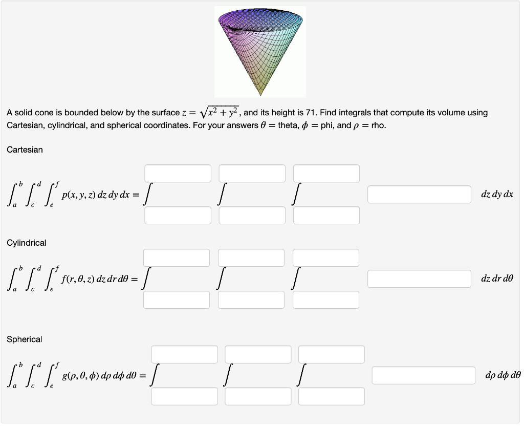 Solved A solid cone is bounded below by the surface z= Vx2 + | Chegg.com