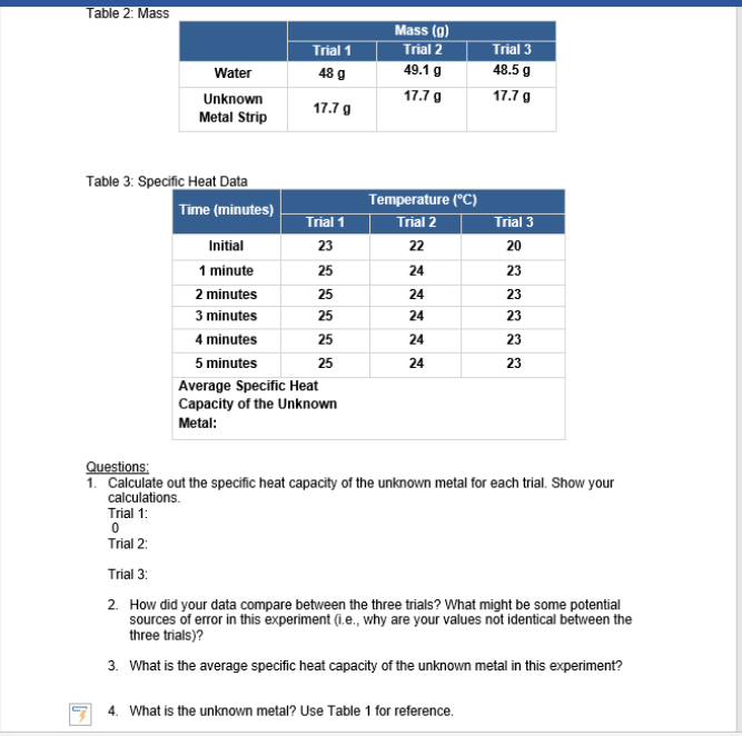 Table 2: Mass Mass (a) Trial 2 49.1 g 17.7 g Trial 3 | Chegg.com