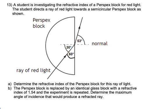 Solved 13) A student is investigating the refractive index | Chegg.com