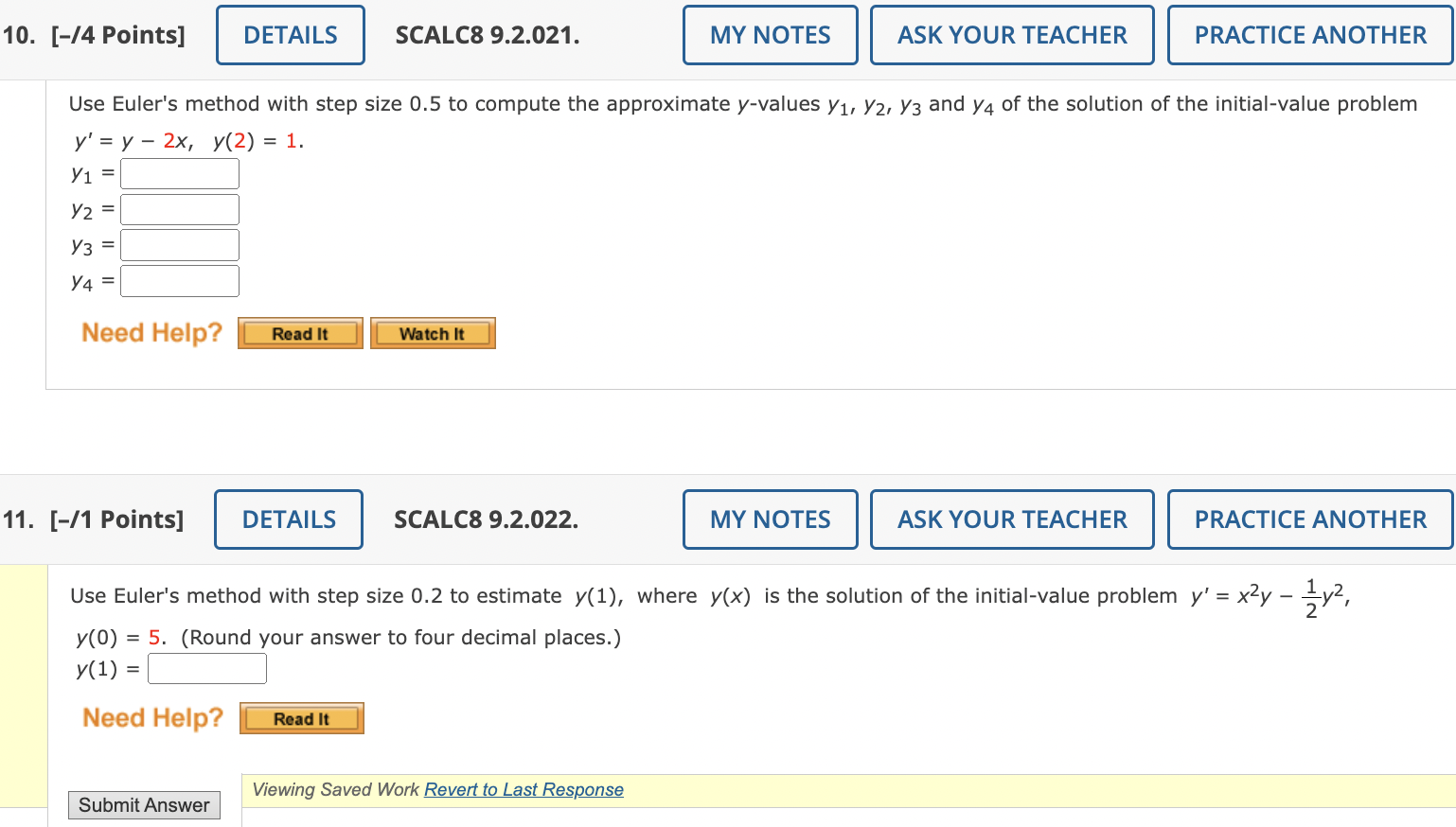 Solved [-/4 Points] SCALC8 9.2.021. Use Euler's method with | Chegg.com