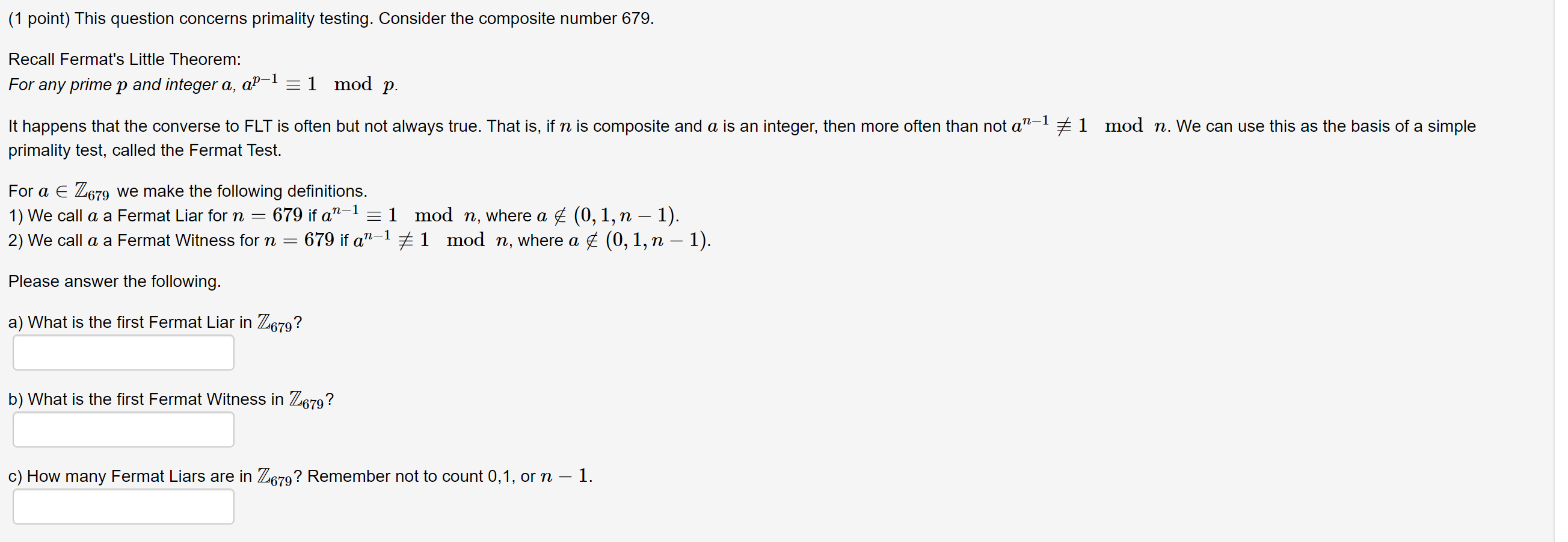 Solved (1 point) This question concerns primality testing. | Chegg.com