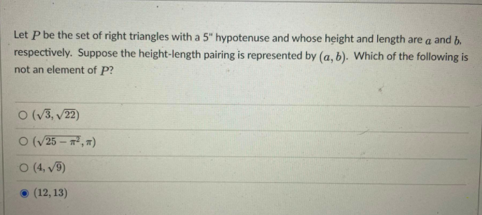 Solved Let P be the set of right triangles with a 5" | Chegg.com