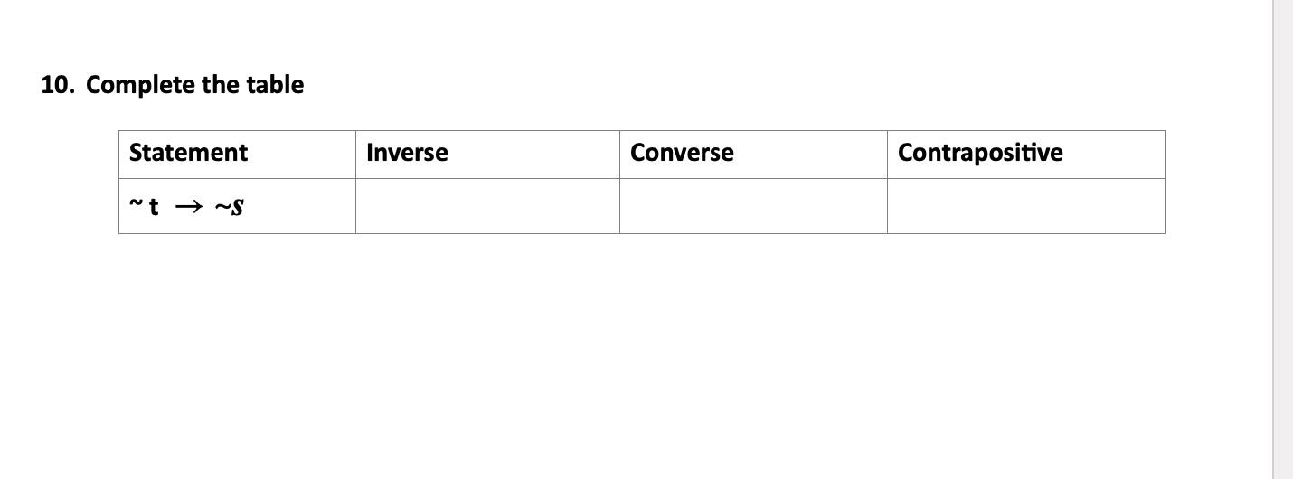 Solved 10. Complete the table Statement Inverse Converse | Chegg.com