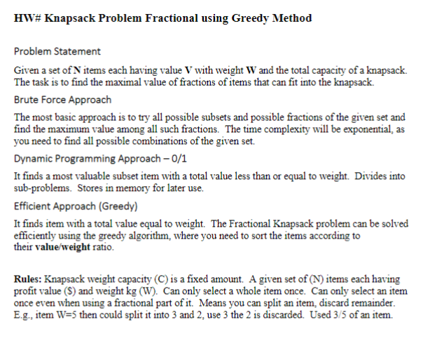 Solved Knapsack ProblemHW\# Knapsack Problem Fractional | Chegg.com